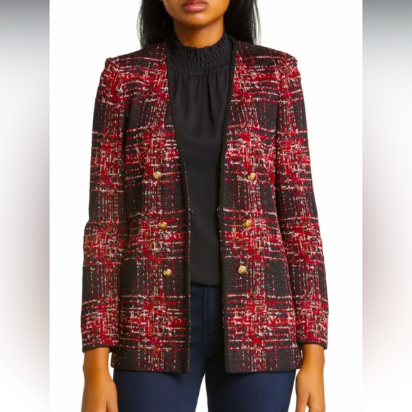 Ming Wang | Jackets & Coats | Ming Wang Braided Trim Tweed Plaid Open ...